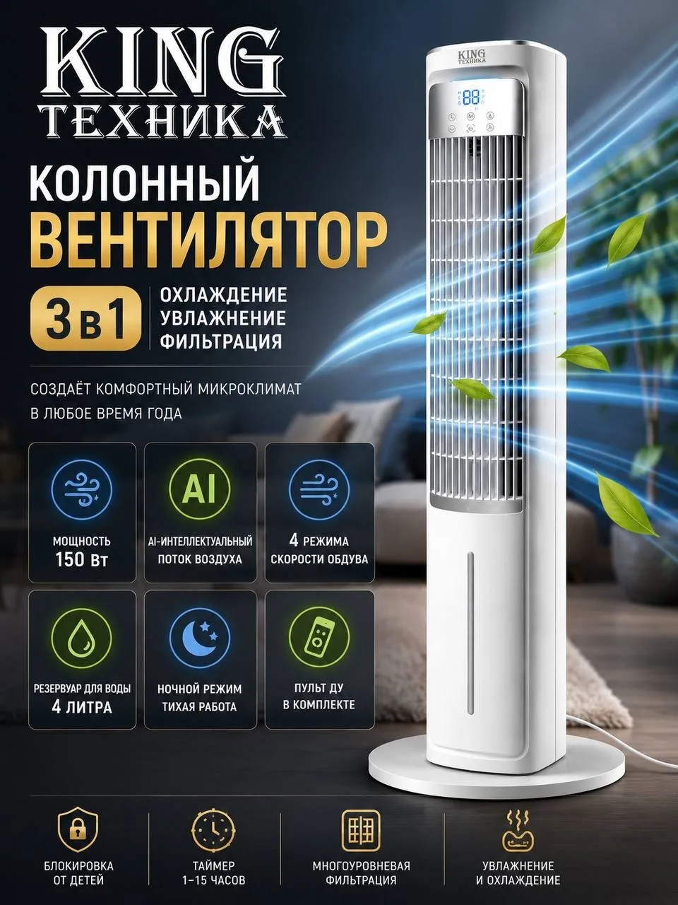 Напольный колонный вентилятор 3в1 увлажнение, охлаждение, фильтрация KING техника КС-020