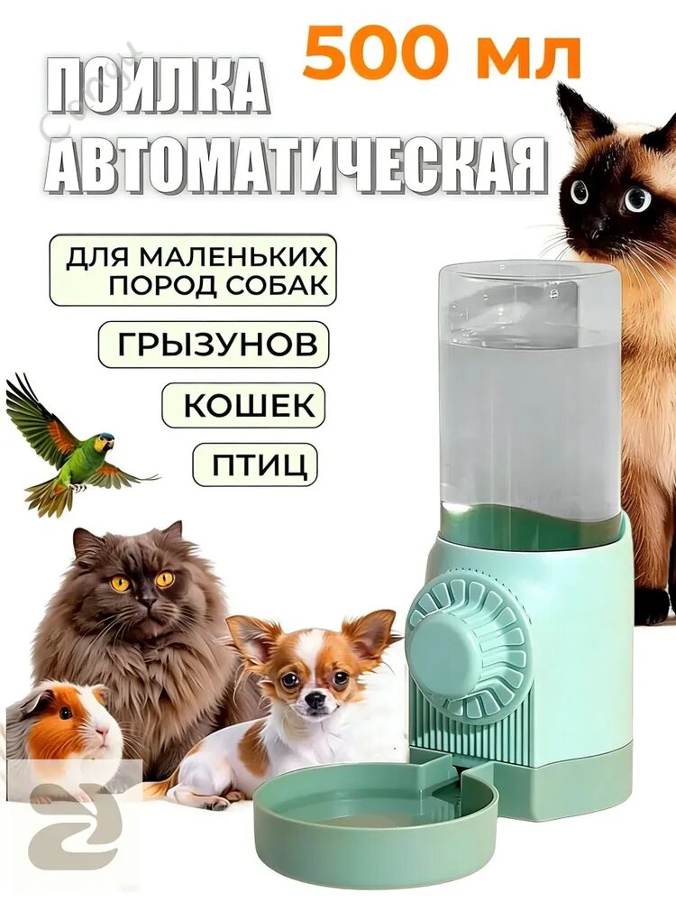 Поилка автоматическая на клетку для грызунов, кошек, собак, птиц 500мл, зеленая / Автопоилка в клетку подвеснCangu