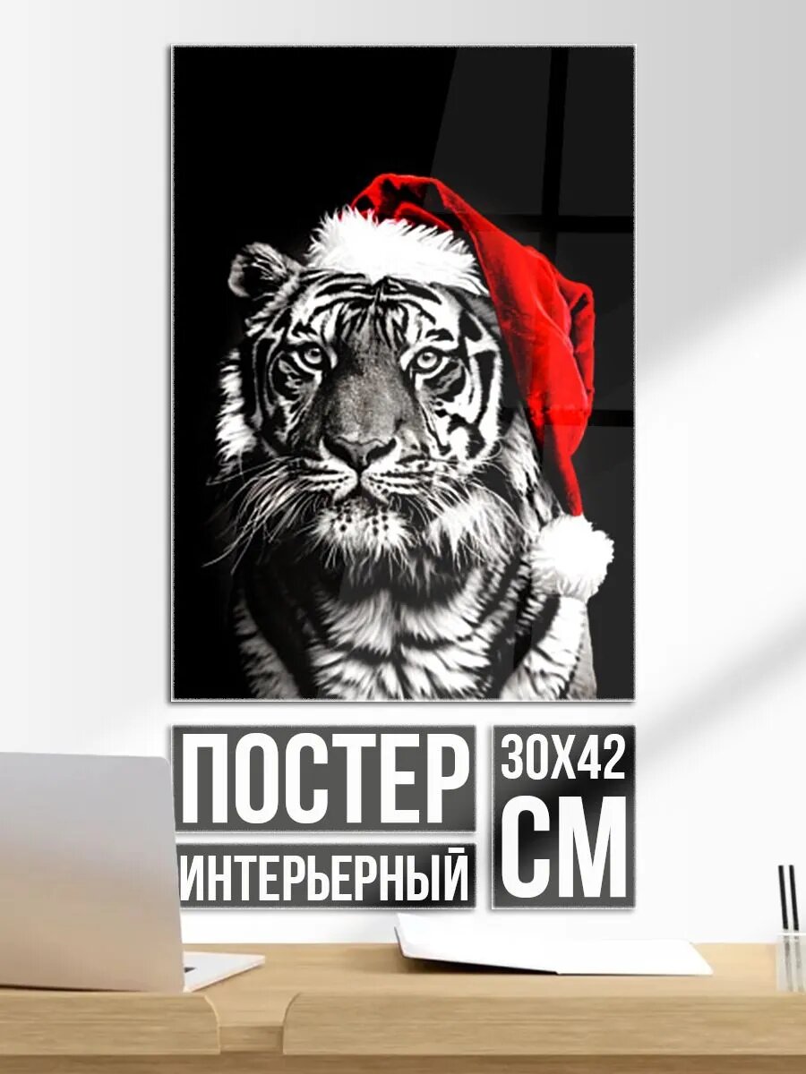 Постер на стену Тигр в красном колпаке Деда Мороза