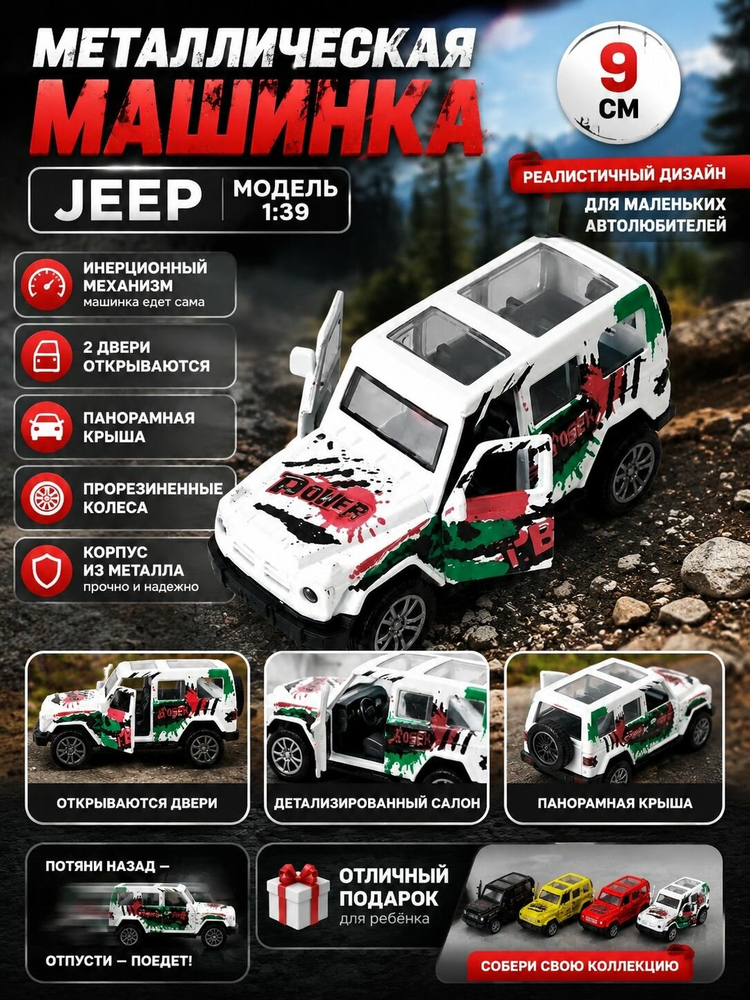 Металлическая машинка модель 9см "Jeep (1:39)" 2 двери откр-ся, инерция, панорамная крыша (A118-66E)