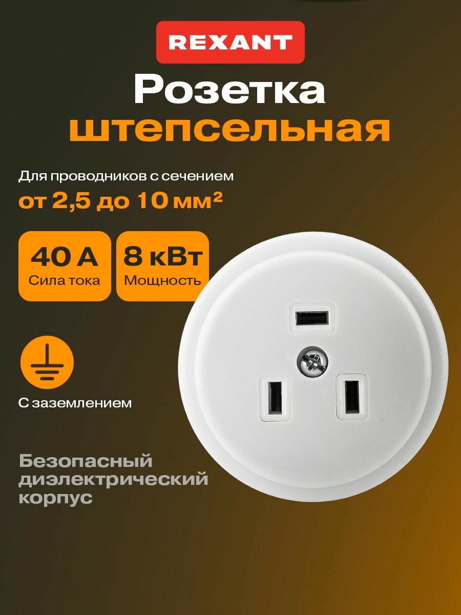 Розетка силовая РШ для электро плиты с заземлением, 40А, белая, REXANT
