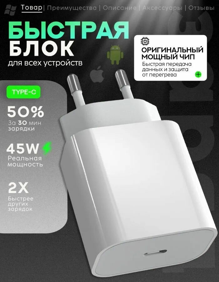 Блок для быстрой зарядки iPhone 45W Type-C Apple, Android / адаптер /зарядное устройство для телефона адаптер питания зарядка для телефона универсальное зарядное устройство