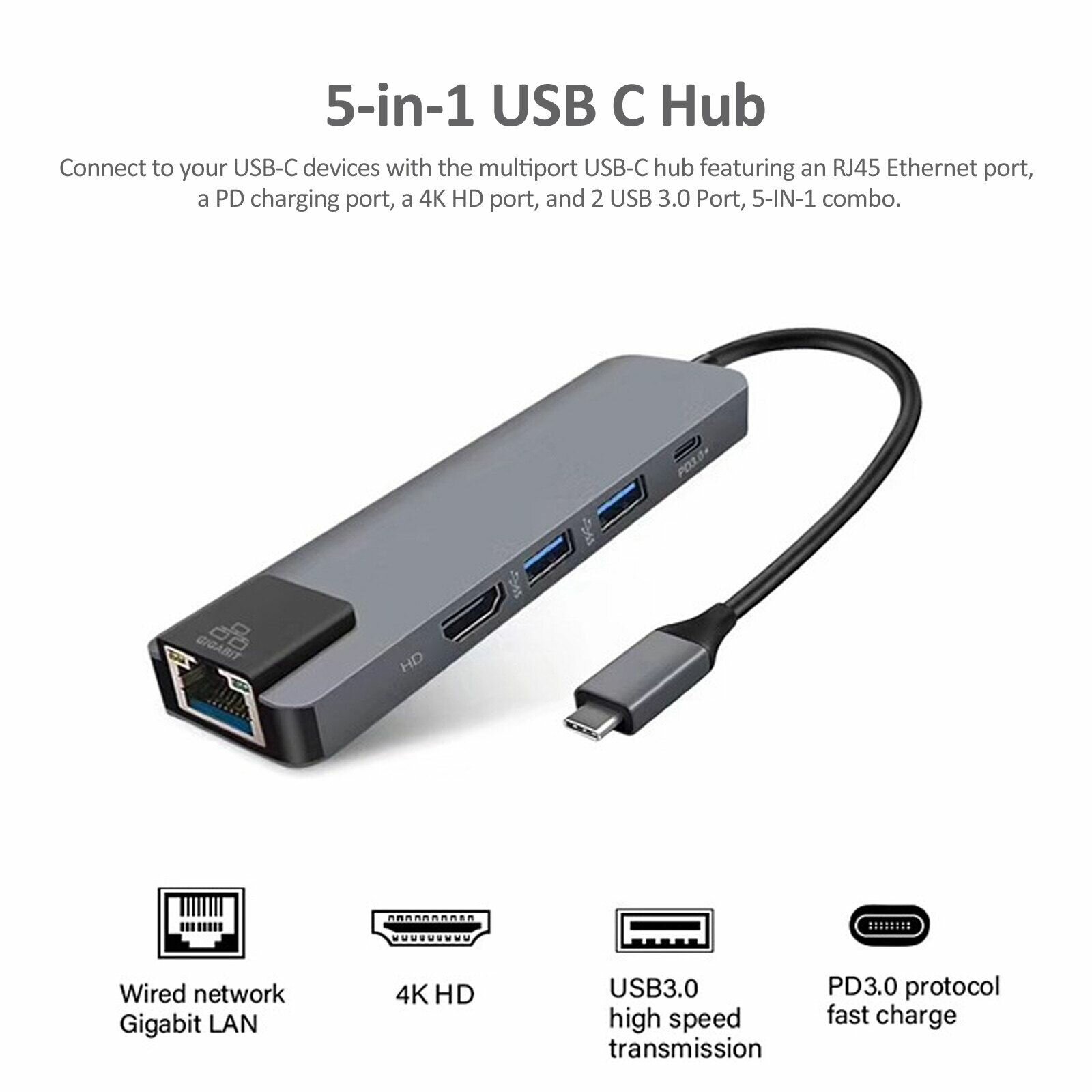 Многопортовый адаптер док-станции USB C Hub 5-в-1 Type-C