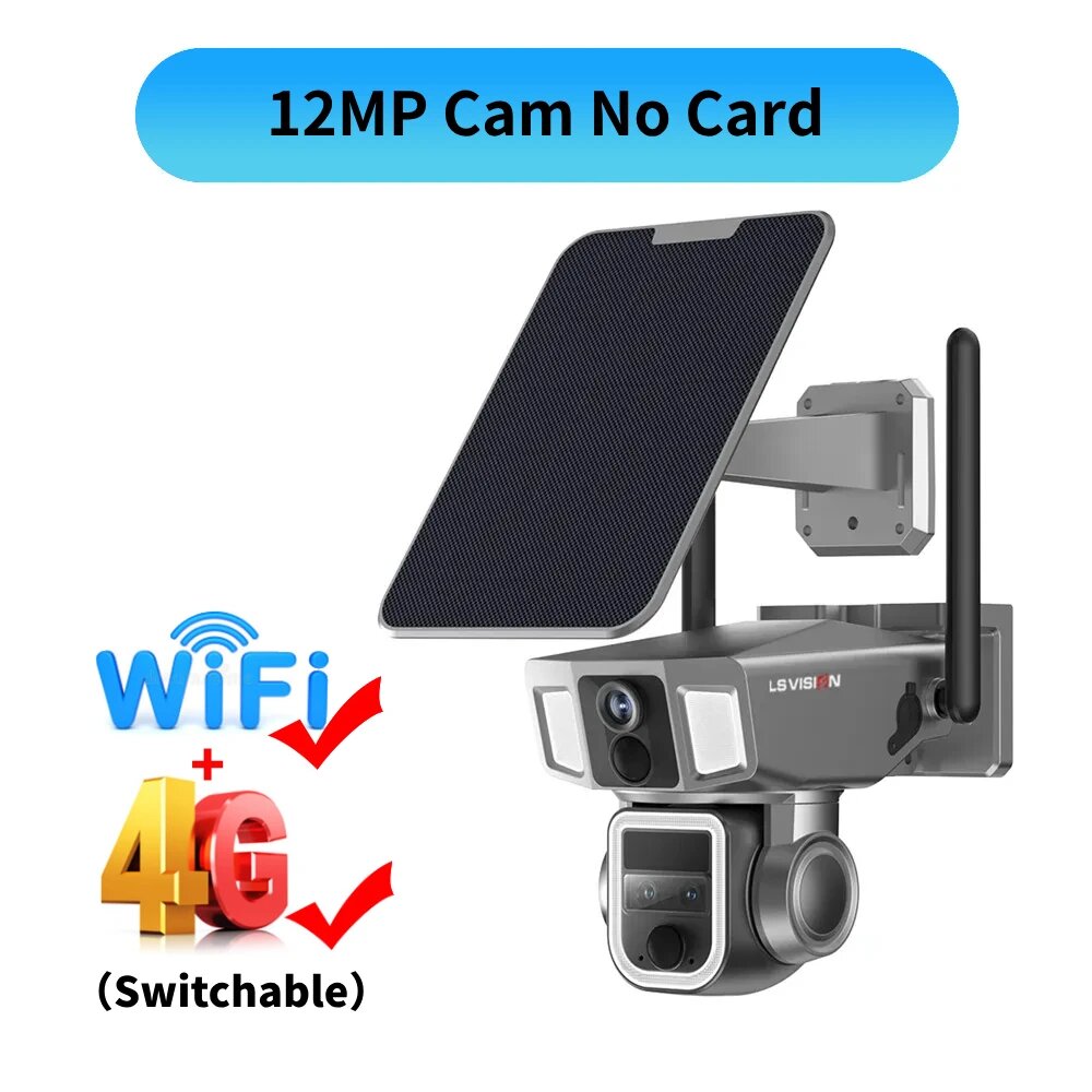 LS VISION 6K 4G SIM&WIFI Камера солнечная наружная с двойным экраном 12MP Многолидовая ПТЗ-камера Зум 10X Детекция PIR Камера видеонаблюдения CCTV