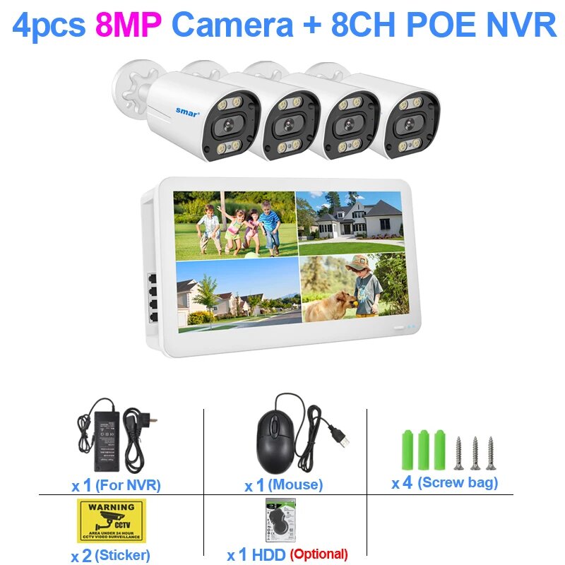 Система камер Smar 4K 8MP POE 8-канальный NVR с встроенным 12-дюймовым LCD-монитором Плаг-н-Плей распознавание лиц ИИ запись звука H.265 ICSee