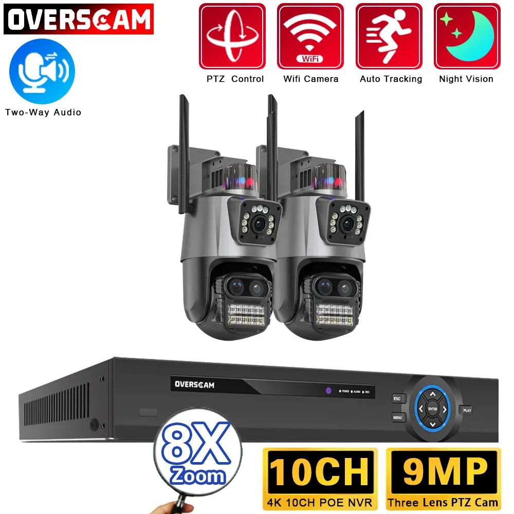 9MP Трехлинзовая камера с 8-кратным зумом, Wi-Fi, PTZ, XMEYE, 10-канальный POE NVR, система наблюдения, двухсторонний аудио, CCTV камера для безопасности, набор видеонаблюдения