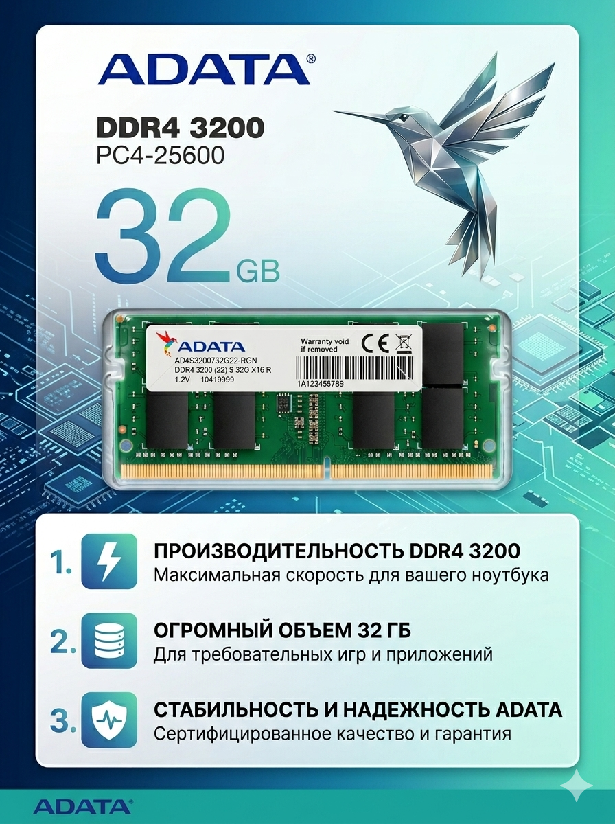 Оперативная память A-Data DDR4 SO-DIMM 32Gb 3200MHz (AD4S320032G22-RGN)