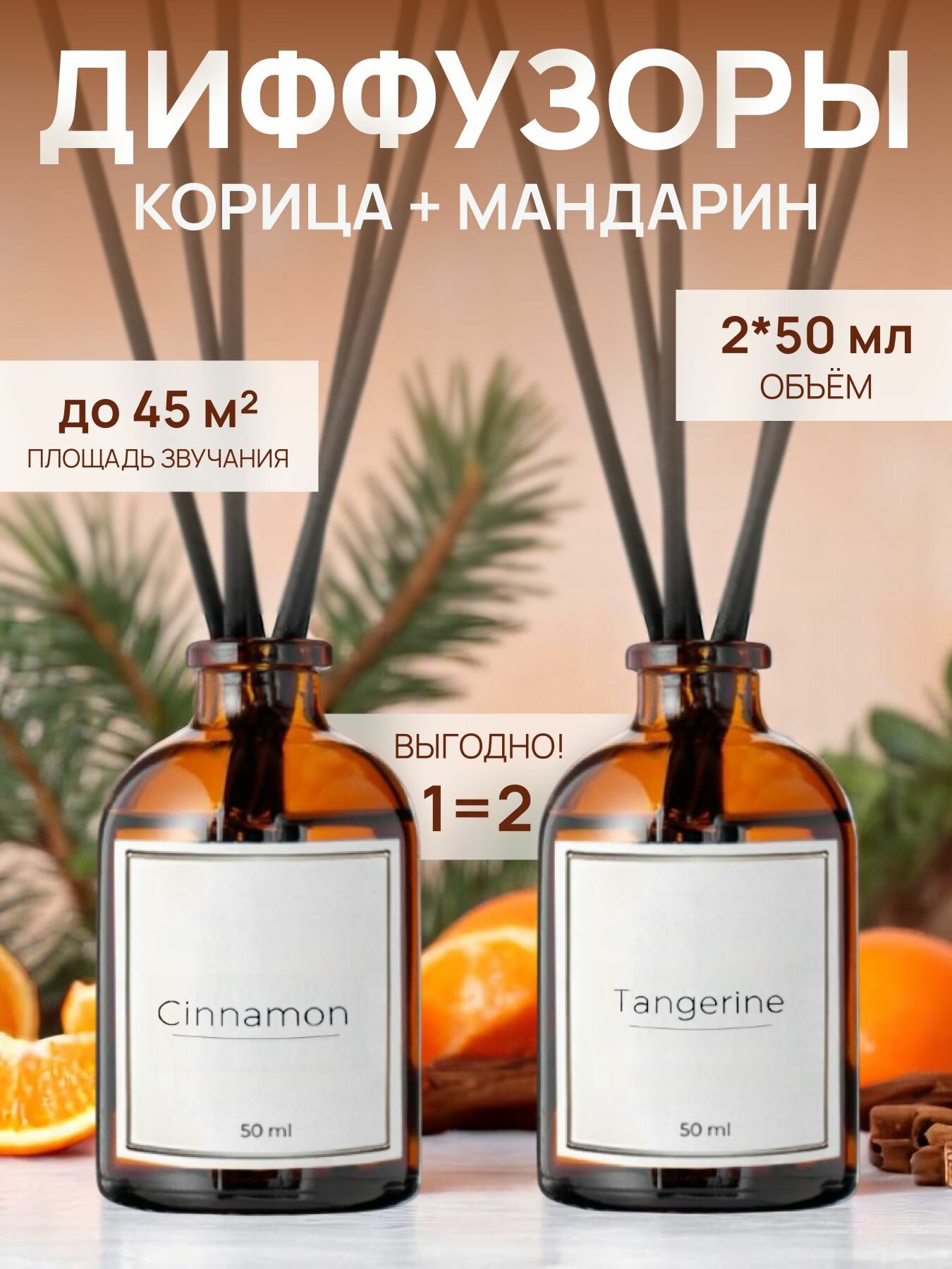 Диффузор для дома/ Набор диффузор для дома с палочками : Мандарин + Корица