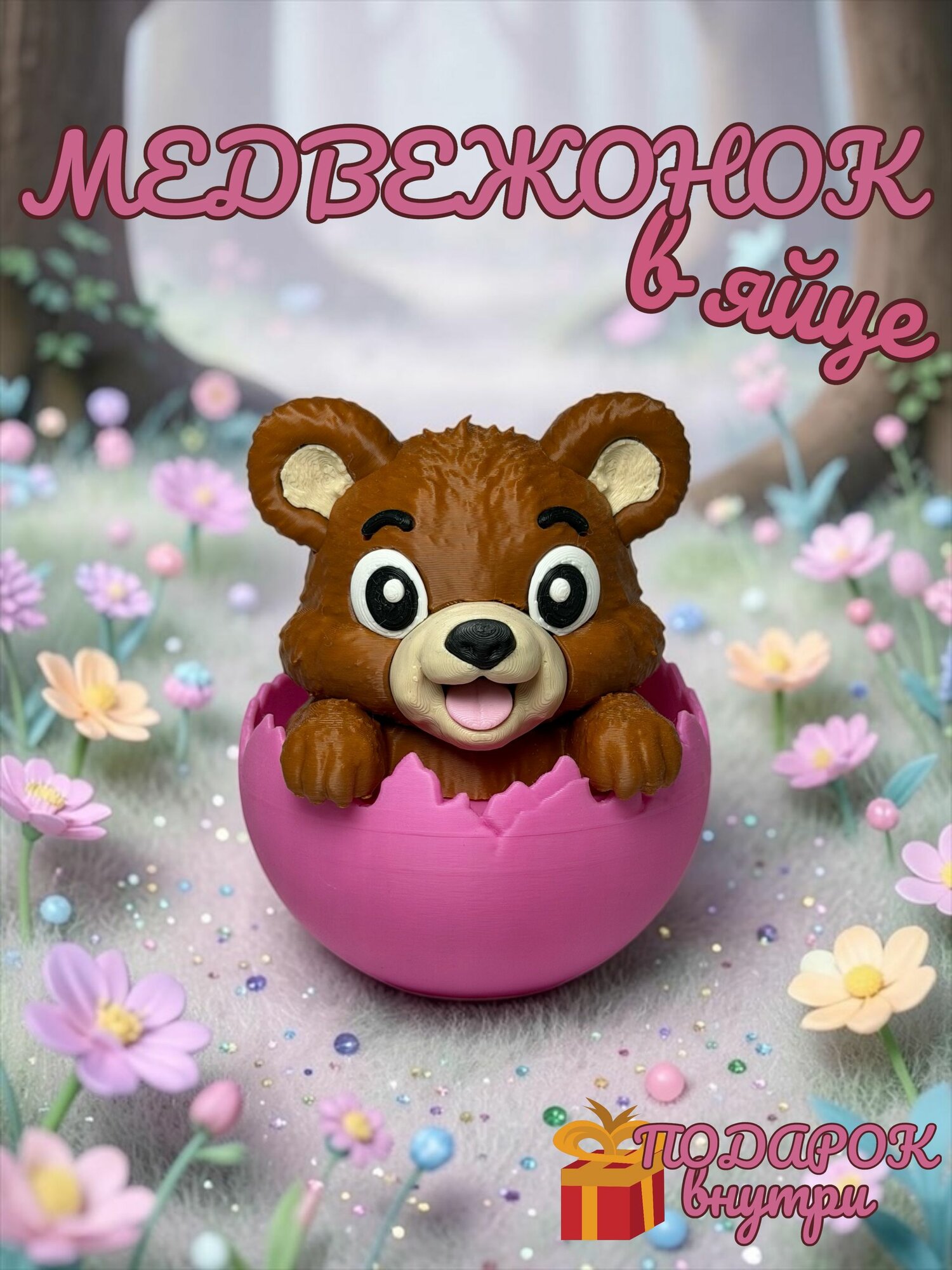 Фигурка 3Д Медведь в Яйце, пластик, на подставке, высота 11 см