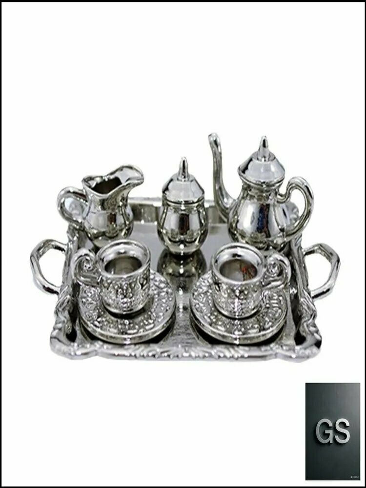 Миниатюрный чайный сервиз с узорами (серебряный)