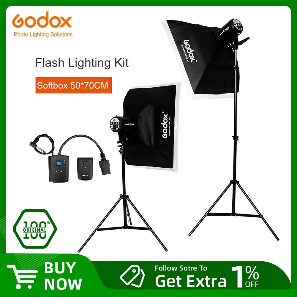 Набор светофотографических вспышек Godox 600W 2x E300 с триггером Godox AT-16, 2-мя моделевыми лампами, 2-мя софтбоксами 50x70 см и 2-мя штативами для светодиодных светов.