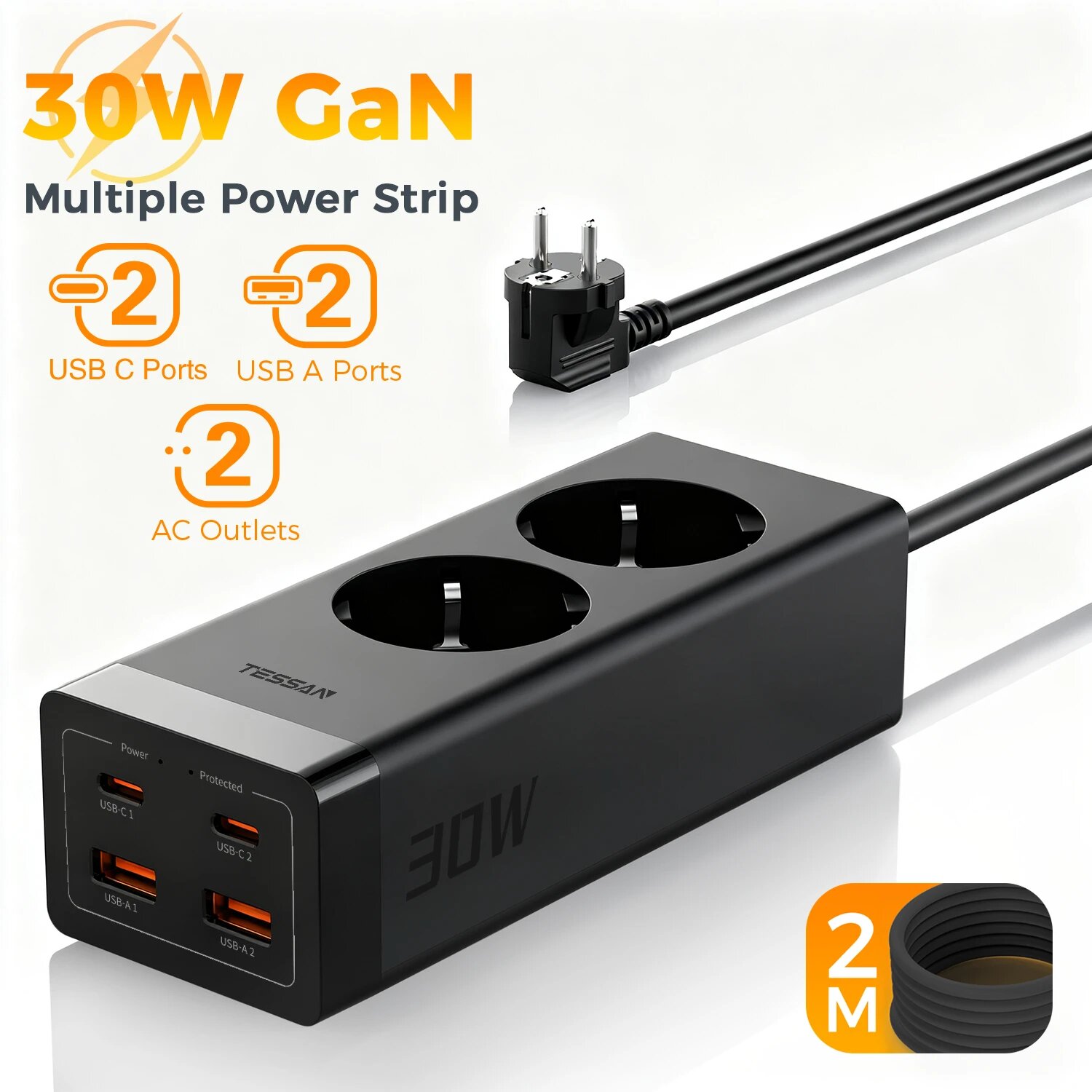 TESSAN многофункциональный сетевой фильтр TS-FS01DE00-BK 3600 Вт 2 розетки 2 USB 2 Type-C 2 2 Meter