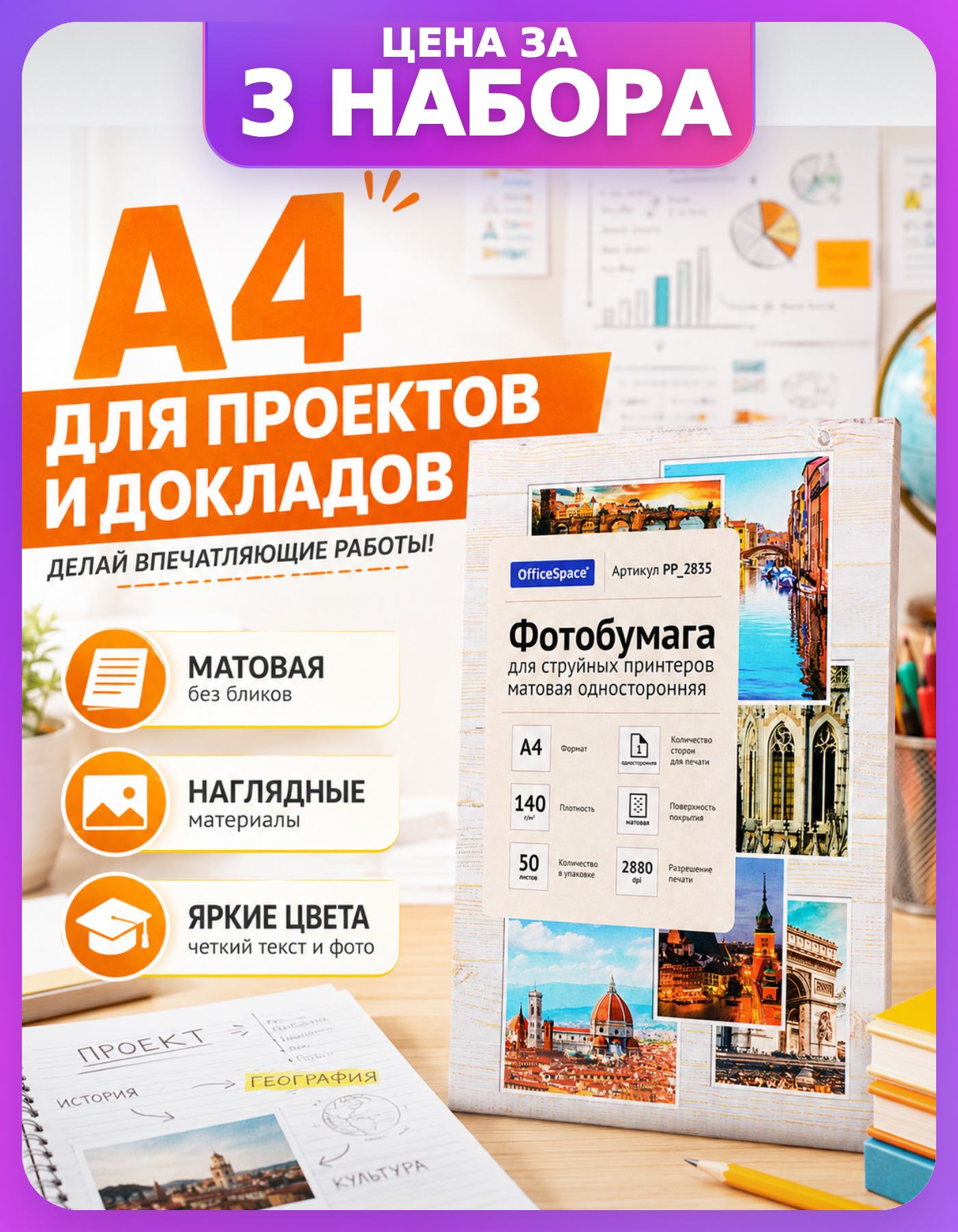 Матовая фотобумага А4 140 г/м2, комплект 3 шт