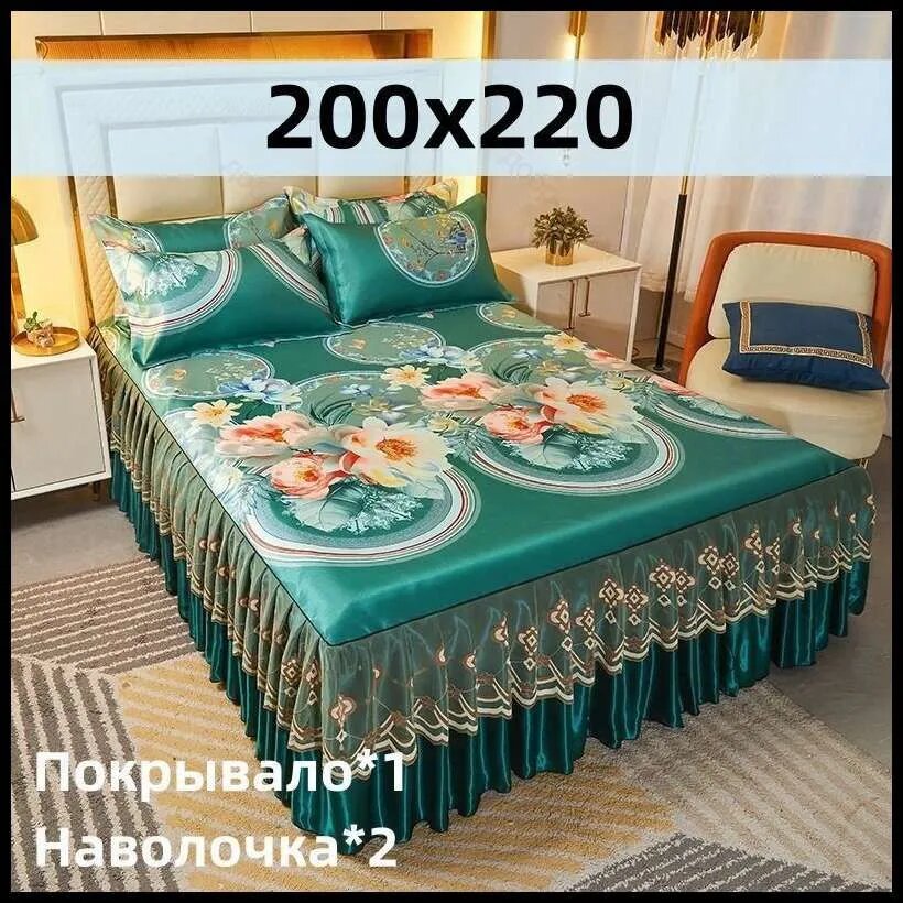 Покрывало 200x220 см волокно жаккардовый, на резинке художественная печать бирюзовый