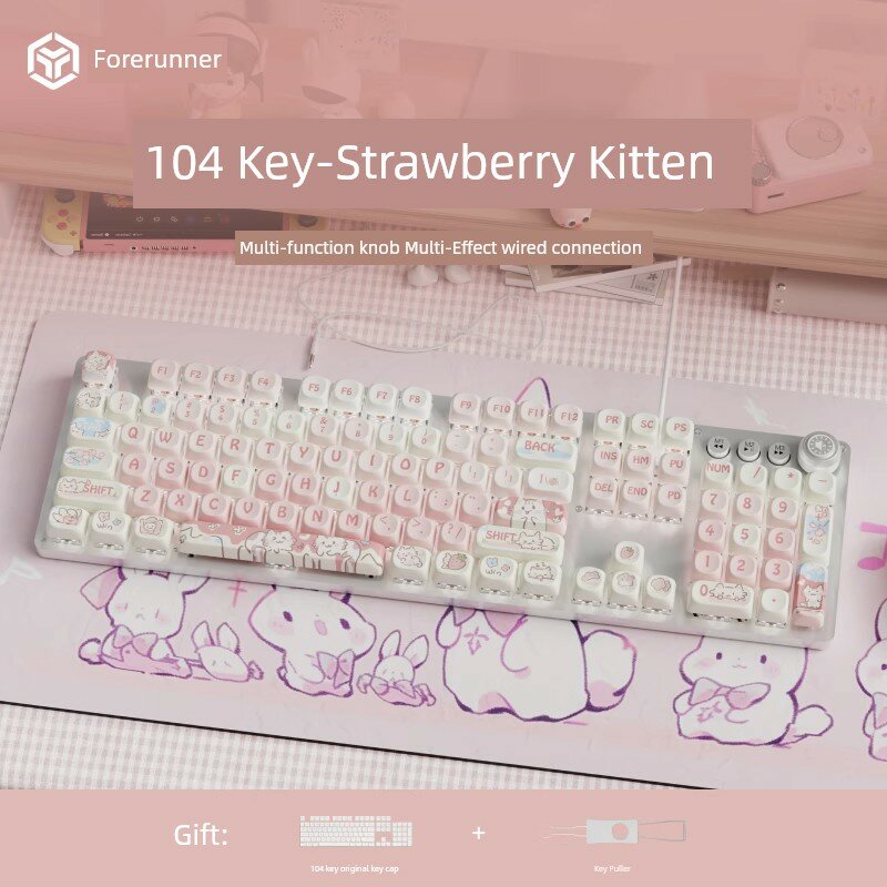 Механическая клавиатура с переключателями Cherry Blue, 104 клавиши, дизайн клубника котенок