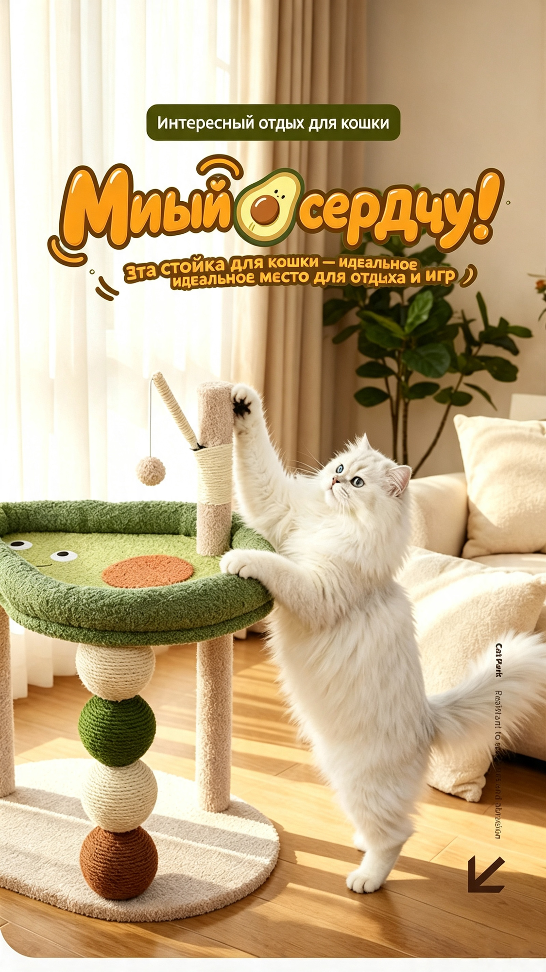 Игровой комплекс для кошек авокадо 55×42×72 см, когтеточка с лежанкой, джутовыми столбами и игровыми мячами