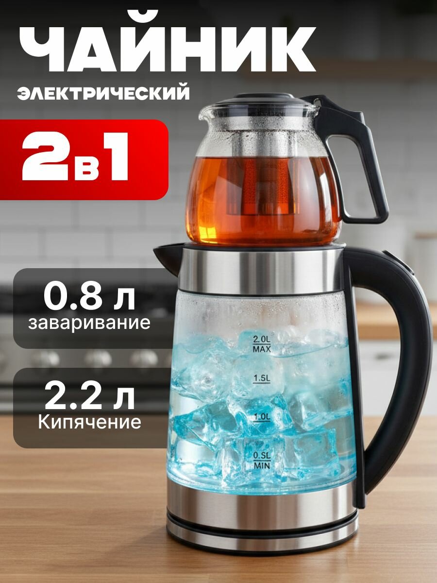 Электрический чайник 2.2 л 2в1, серебристый, черный