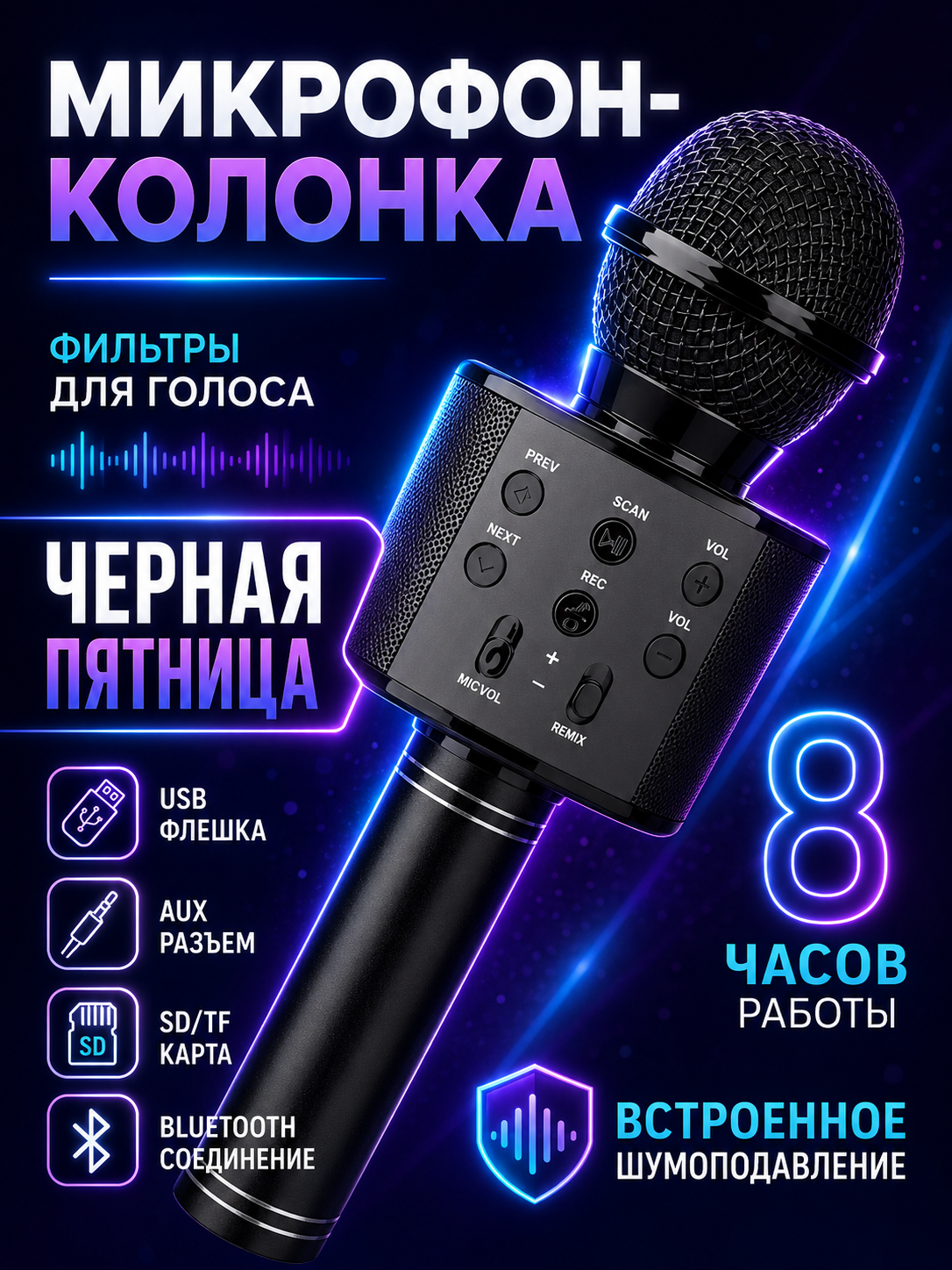 Микрофон караоке беспроводной, Микрофон WS Bluetooth со встроенной колонкой для караоке, вечеринок, Черный