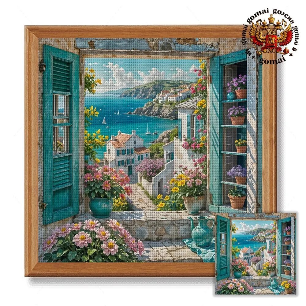1 бескаркасная 14CT крестовая вышивка 40 * 40cm / 15.7 * 15.7in, приморский город, 26 цветов с иголками, нитками, чертежами, холстом.