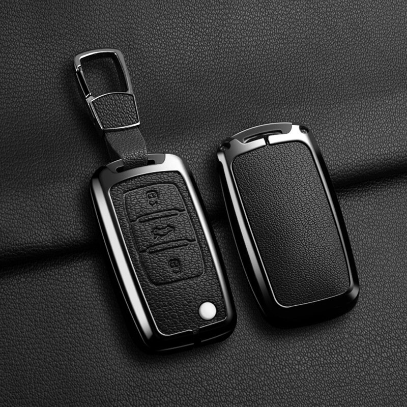 Кожаный чехол для ключа Volkswagen: Черный рисунок козьей кожи с зажимом B01 и аксессуаром