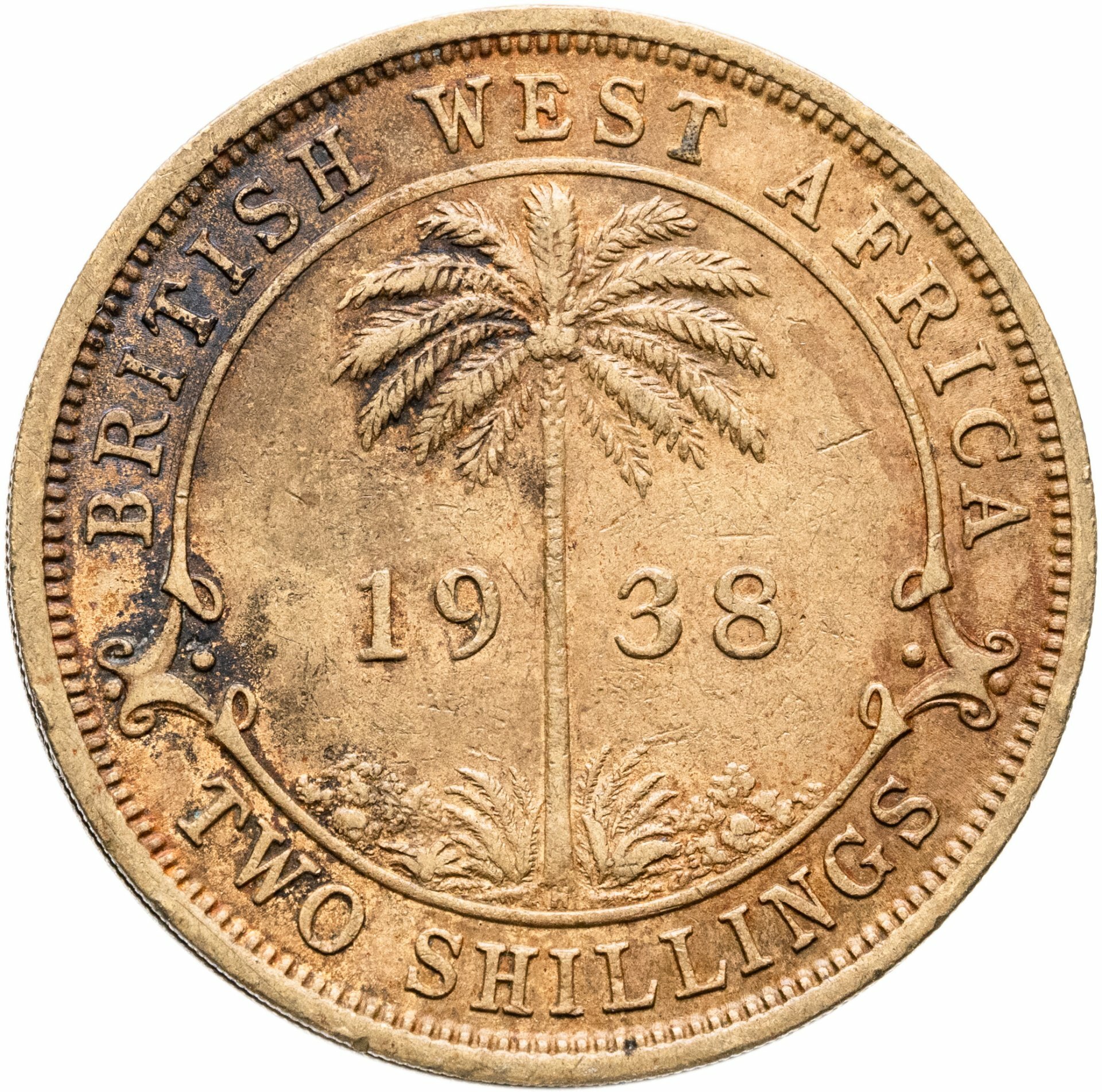 Британская Западная Африка 2 шиллинга shillings 1938 H, Латунь, в сохранности VF-XF
