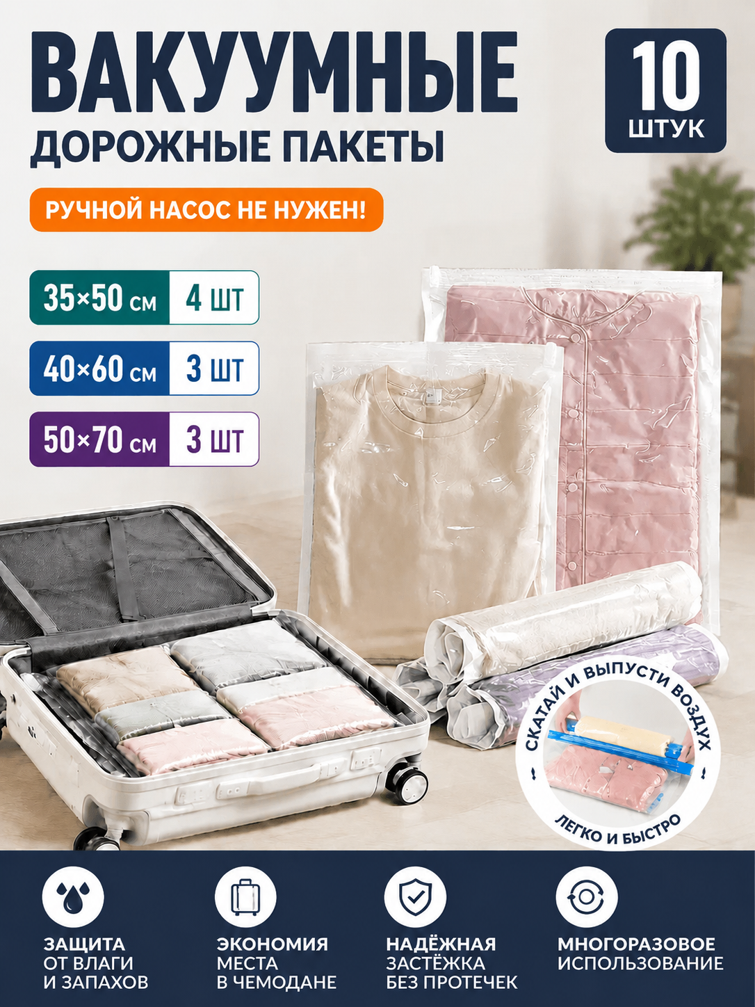 Вакуумные пакеты для хранения с ручным насосом, большие, прозрачные, усиленные, для одеял, подушек и сезонной одежды10