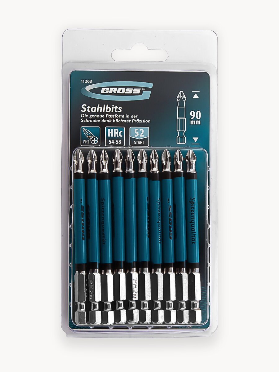 Набор бит для шуруповерта Gross PH2 х 90, 10 штук, сталь S2, намагниченный шлиц, шестигранный хвостовик 1/4", 11263