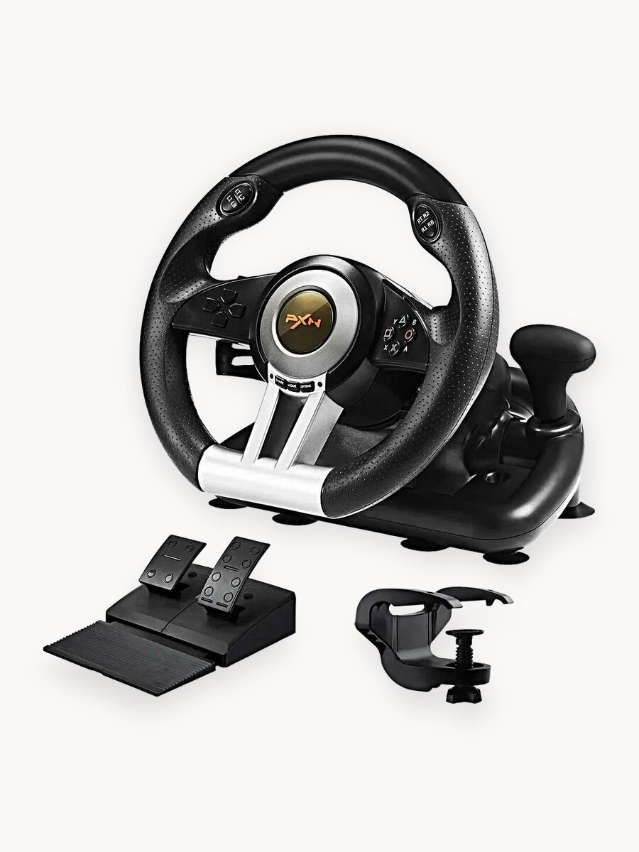 Игровой руль PXN V3 Pro для ПК, PS3, PS4, XBox One, Nintendo Switch / Гоночный симулятор вождения с педалями, передачами, Черный