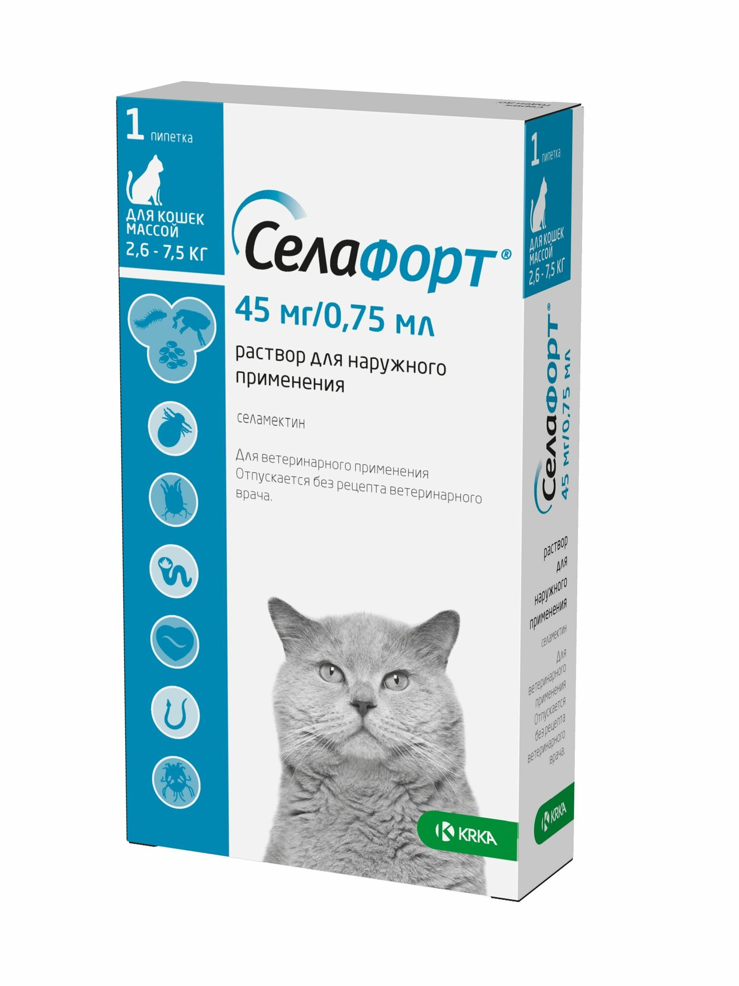 Селафорт для кошек весом от 2,6 до 7,5 кг, капли на холку от блох, чесоточных клещей и гельминтов (1 пипетка)