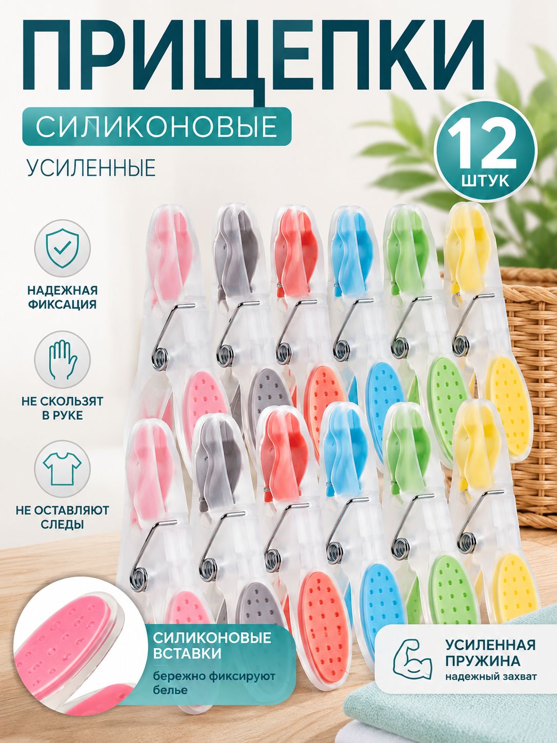 Прищепки для белья с силиконовыми держателями усиленные 12 шт