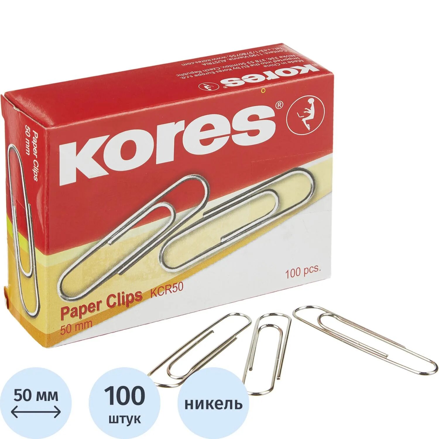 Скрепки KORES с отгибом, никелированные, 50 мм, негофрированные,100шт/уп