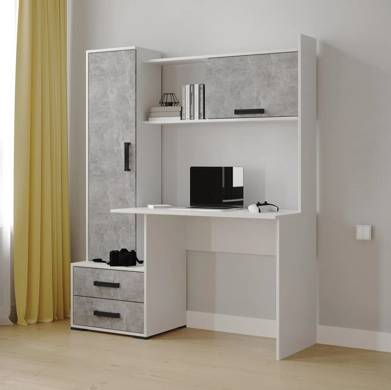 Стол компьютерный с надстройкой, ящиками и пеналом «Квартет-9» ЛДСП (Белый/Ателье светлое) 140х55х172