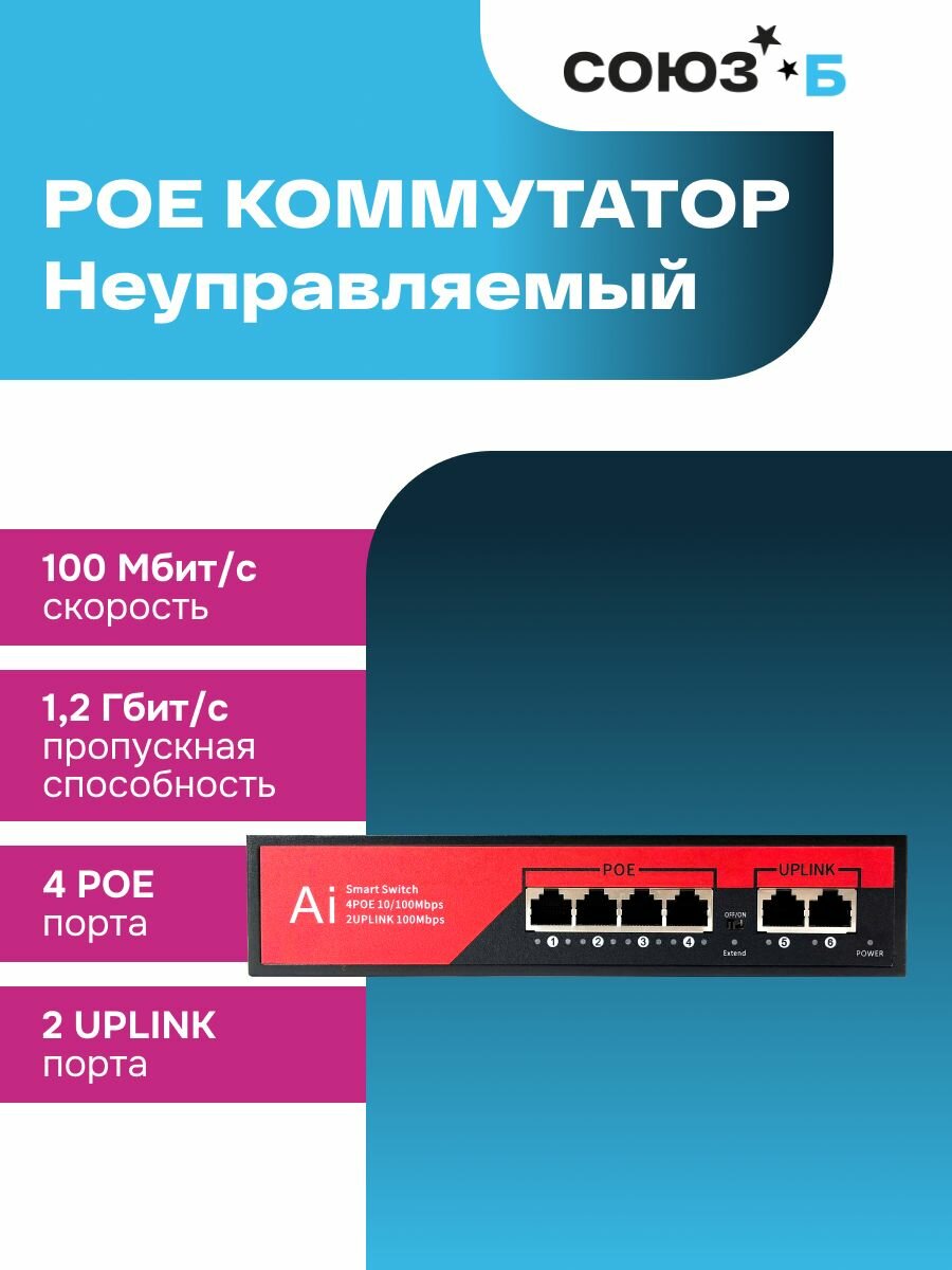 Коммутатор (свитч) 4 POE + 2 Uplink порта 100 Мбит/с
