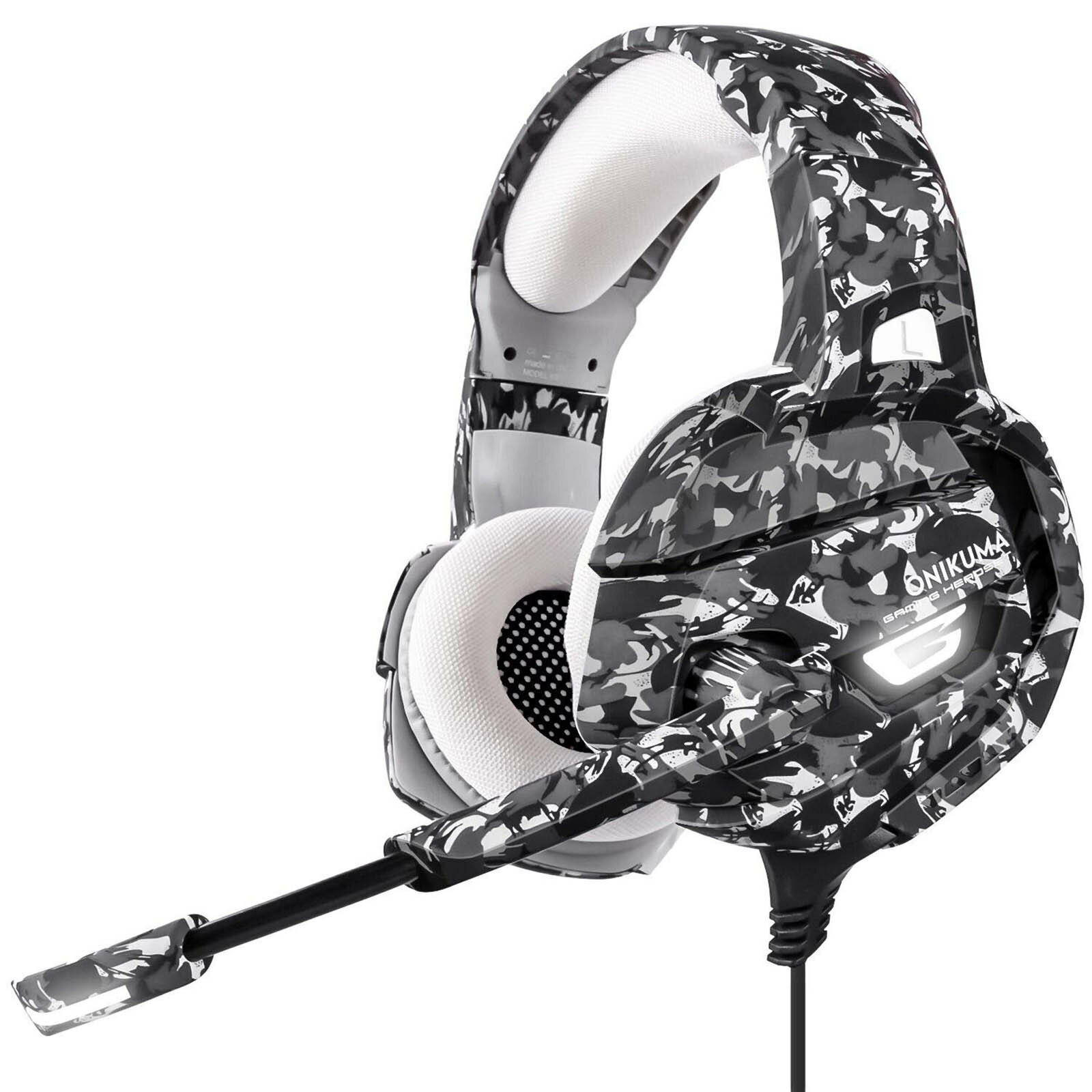ONIKUMA K5 Наушники для гейминга с микрофоном 3.5mm Стерео Наушники с шумоподавлением Наушники наушники Совместимы с PS4 Gamepad New Xbox Ноутбук Компьютер Цвета Темно-серый и камуфляж Провод 2.2м Диаметр динамика 50мм Вес approx. 390г