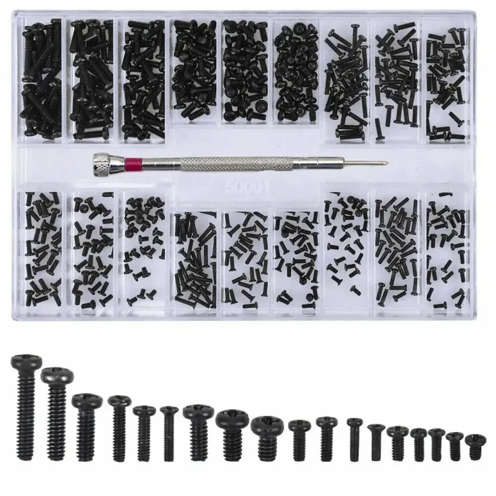 Набор для ремонта 500 винтов 18 типов - для ноутбуков, планшетов, очков, телефонов Универсальные крепежи + мини-отвертка Все размеры в одном комплекте