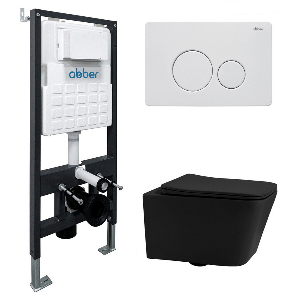 Комплект подвесной унитаз Abber Rechteck AC1201MB черный матовый с инсталляцией AC0105 и кнопкой AC0121MW белая матовая AC1201MB-AC0105-AC0121MW