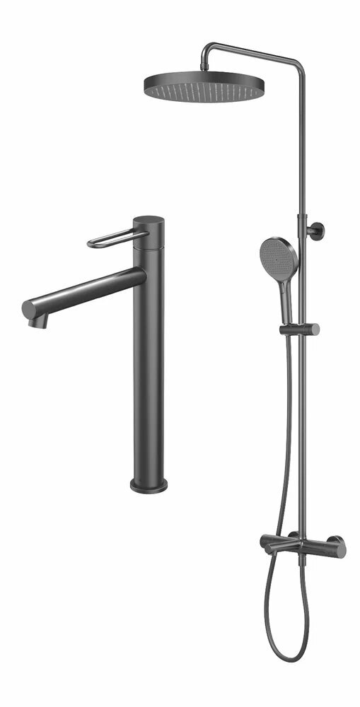 Комплект для ванной IDDIS Duna Душевая стойка IDDIS Duna DUNGMSTi06 / 2 в 1, с термостатом, с изливом, латунный, черный, матовый, душевая система
