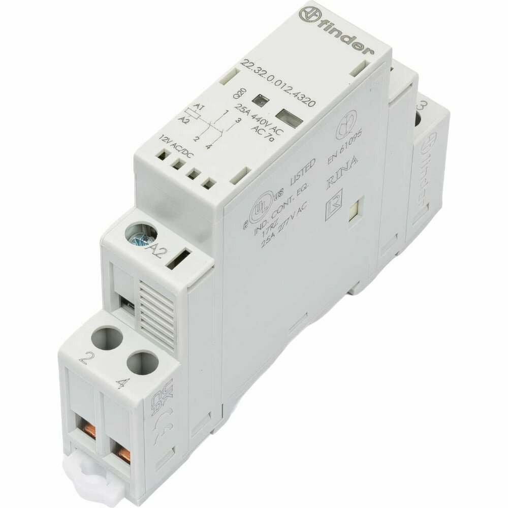 Модульный контактор Finder 2НО, контакта 25А, = 12В AC/DC, - AgSnO2, 223200124320
