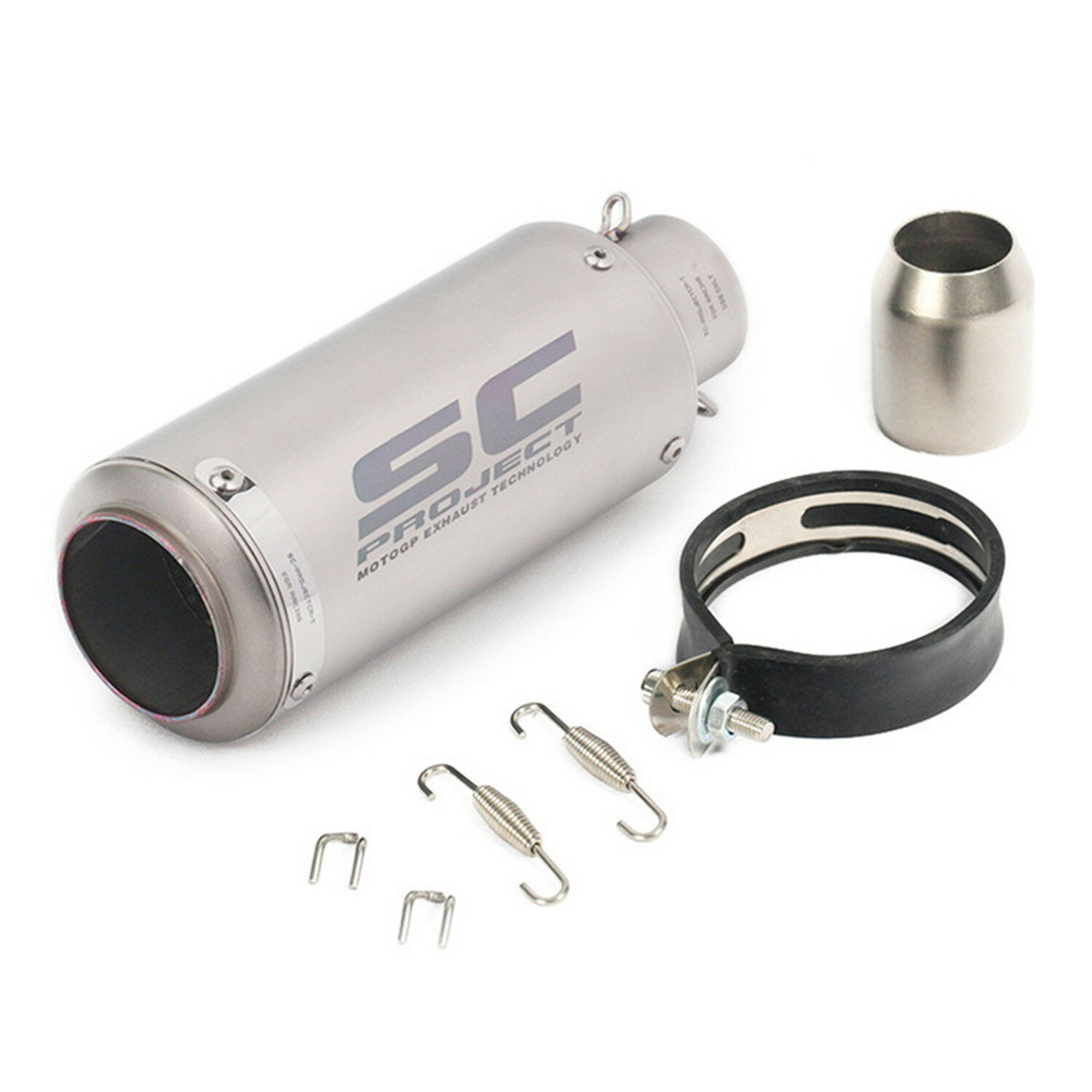 Выхлопная труба для мотоцикла универсальная 51мм задняя модификационная глушитель для мотоцикла ATV цвет серебристый материал нержавеющая сталь диаметр интерфейса 51 мм размер 245*89*89мм комплект 1 выхлопная труба 1 установочный набор