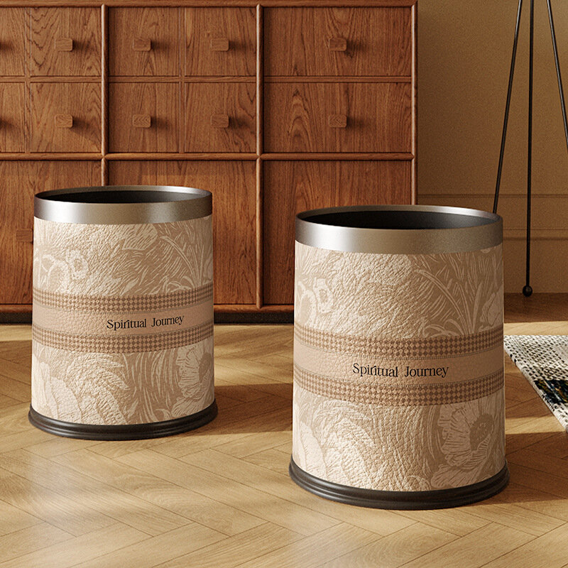 Французский стиль кожаного мусорного ведра для домашнего использования, гостиной, винтажной спальни, ретро-легкой роскоши, высокой эстетики для кухни и ванной с двойным слоем