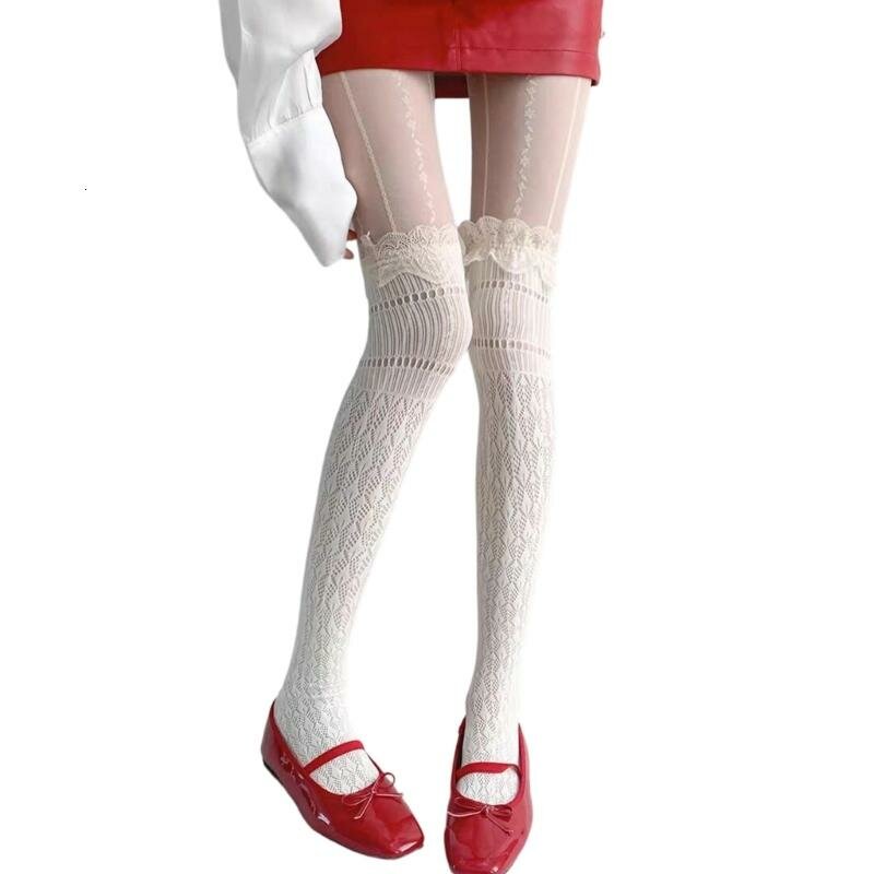 Ретро-чулки до колена из акрила, кружевные, Крем - OS