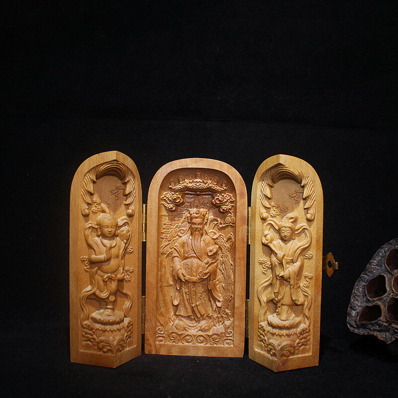 Резьба по дереву из самшита, маленькие украшения, деревянная статуя Будды, трехотверстный ящик, домашняя резьба для поклонения Будде, портативная резьба для поклонения Будде