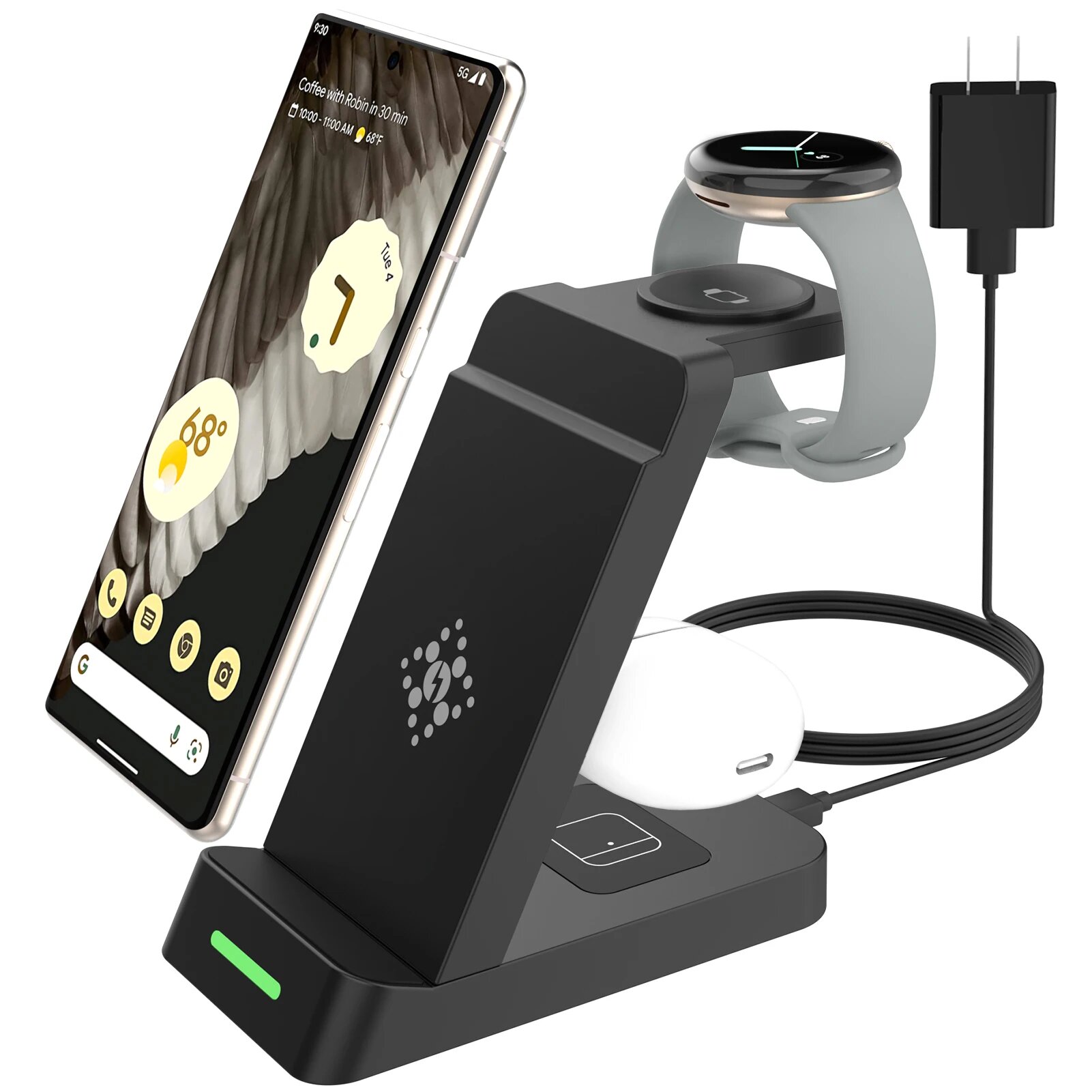 Модернизированное беспроводное зарядное устройство 3 в 1, совместимое с беспроводной зарядной станцией Google Pixel Watch 1 для нескольких устройств