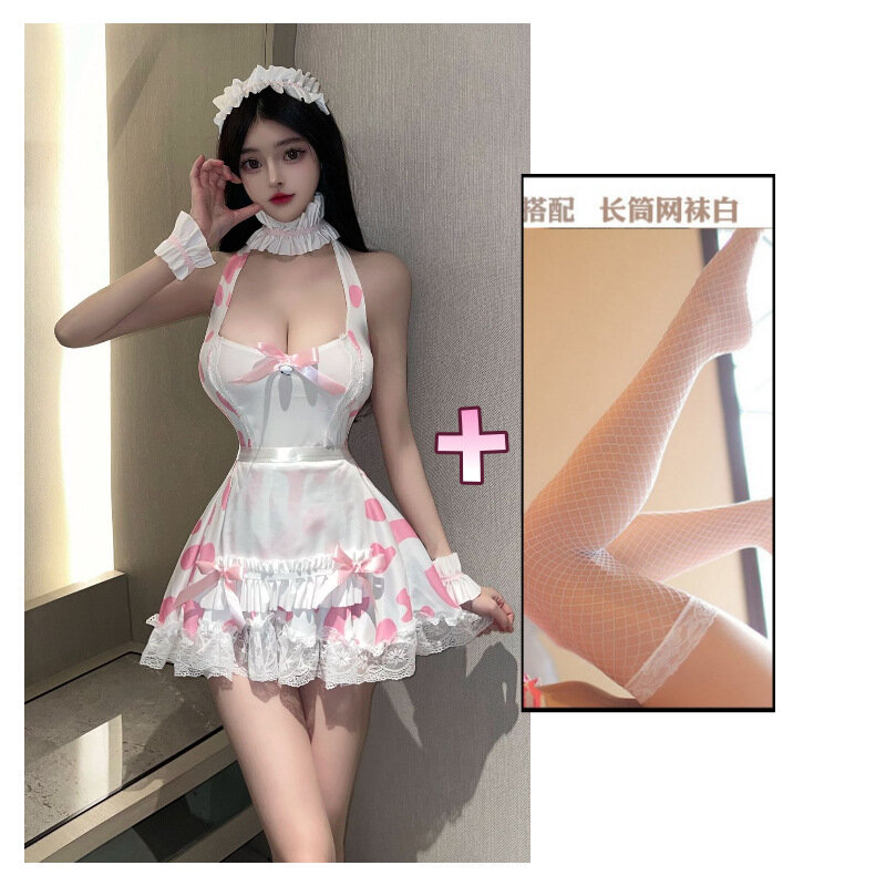 Сексуальное нижнее белье, костюм горничной, ролевые игры, страстное соблазнение, розовый костюм девушки-зайчика в костюме коровы + белые чулки в сеточку.