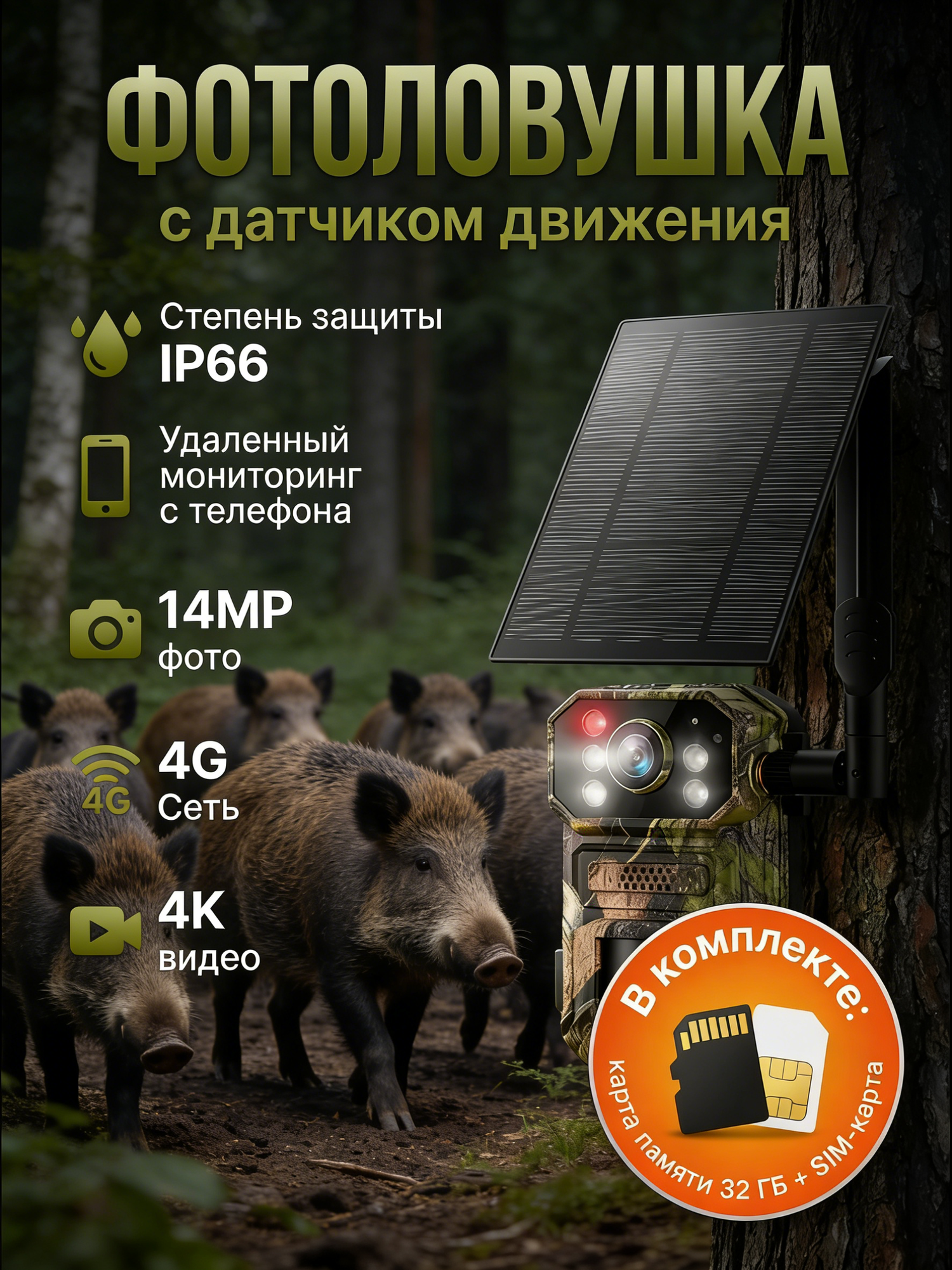 Фотоловушка, ночное видение, сим-карта, высокая четкость, водонепроницаемая, пылезащитная