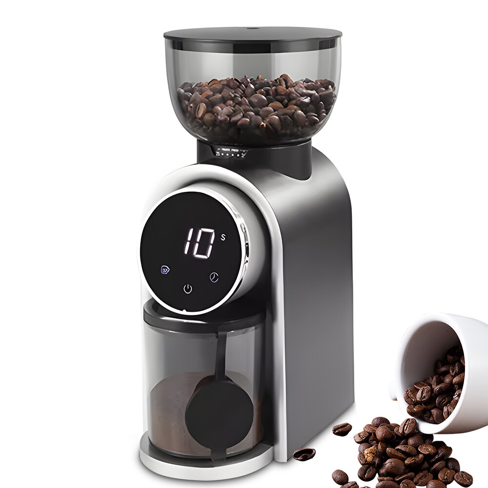 Электрический кофемолок с коническими жерновами для эспрессо / френч-пресса / турецкого кофе, сенсорное регулирование, 25 точных настроек помола, выбор количества чашек 2-14, таймер, держатель для портафильтра 51-53 мм, черный, белый