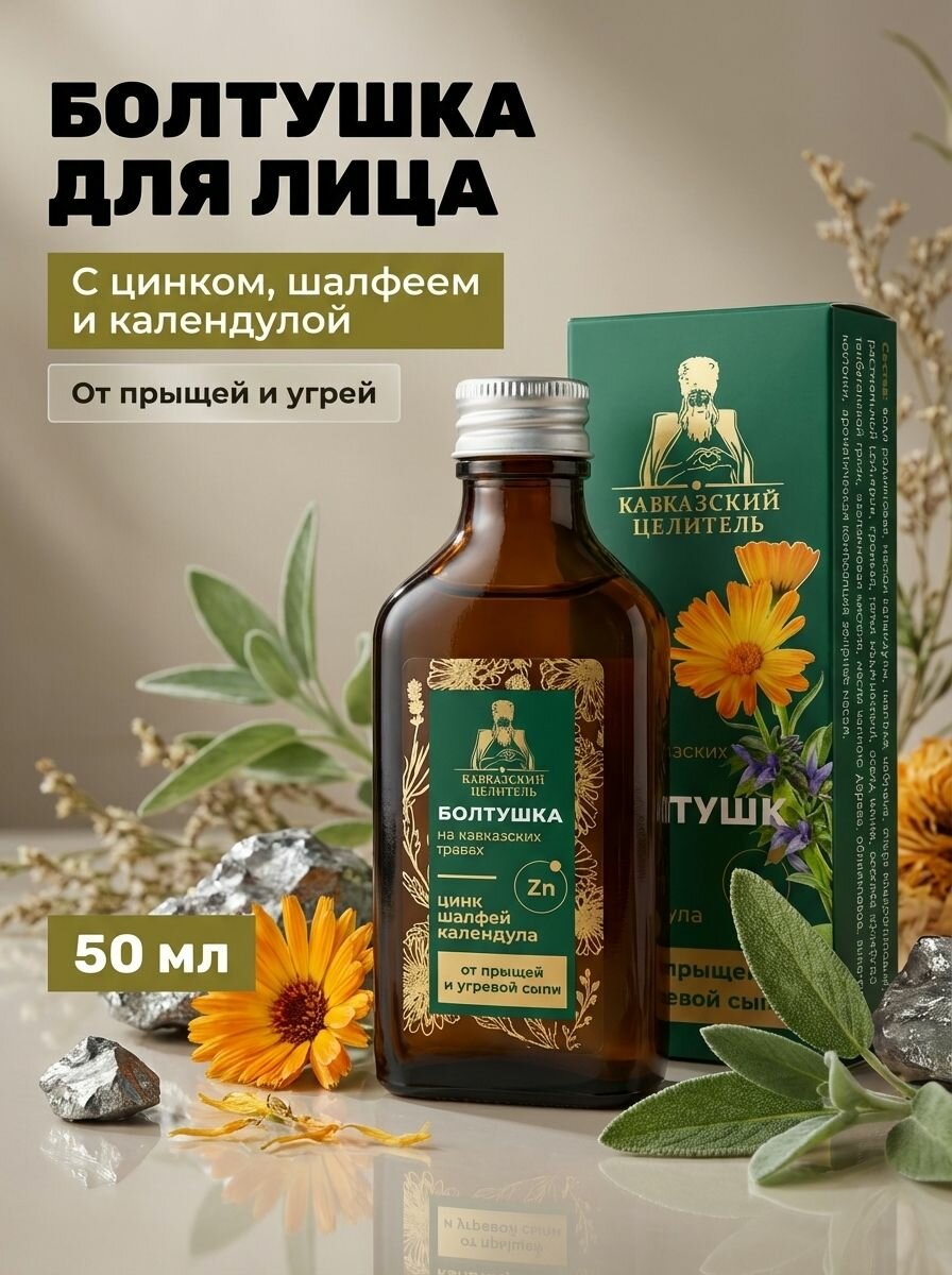 Болтушка для лица с цинком, шалфеем и календулой от прыщей и угревой сыпи на кавказских травах, 50 мл