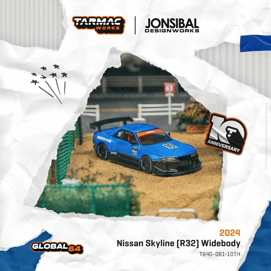 Машинка Tarmac Works TW 1:64 Nissan Skyline (R32) Widebody -Designed by Jon Sibal TW10T64G-061-10TH Die-cast Alloy Car Model Collection Toy Gift