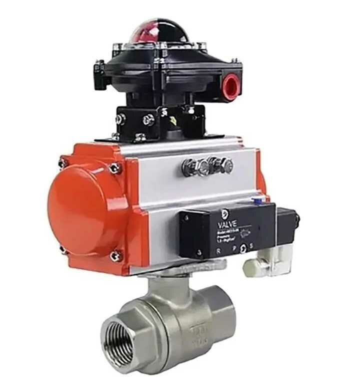 Кран шаровой DN.ru кшмп.316.230-ISO Ду50 Ру63 полнопроходной, внутренняя резьба, нержавеющая сталь 316, уплотнение - PTFE, с пневмоприводом DA-065, пневмораспределителем PND2-S1EM-52-1NC-J08-24VDC, БКВ LSB-210-02NM12-220/24