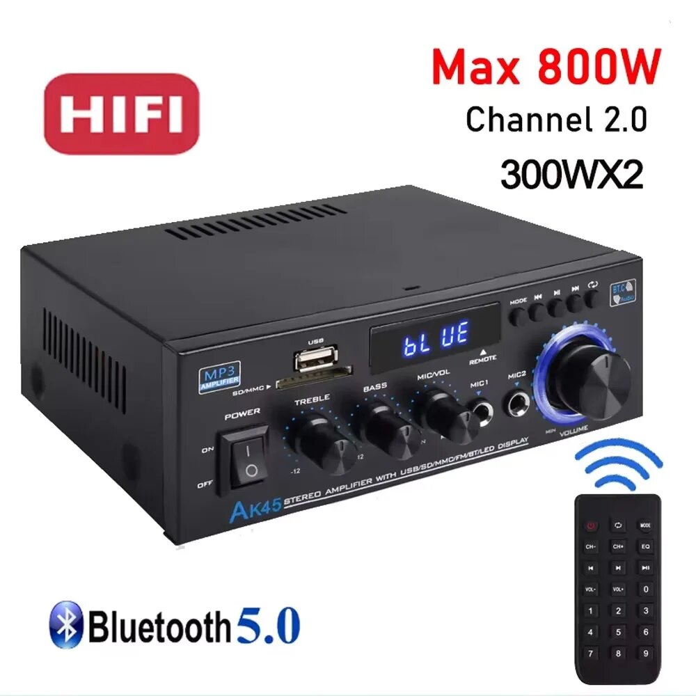 Усилители звука AK45 с Bluetooth, 110-240В, HiFi, цифровые, MP3, 2.0-канальные, с поддержкой стереозвука и FM-радио, для дома и автомобиля
